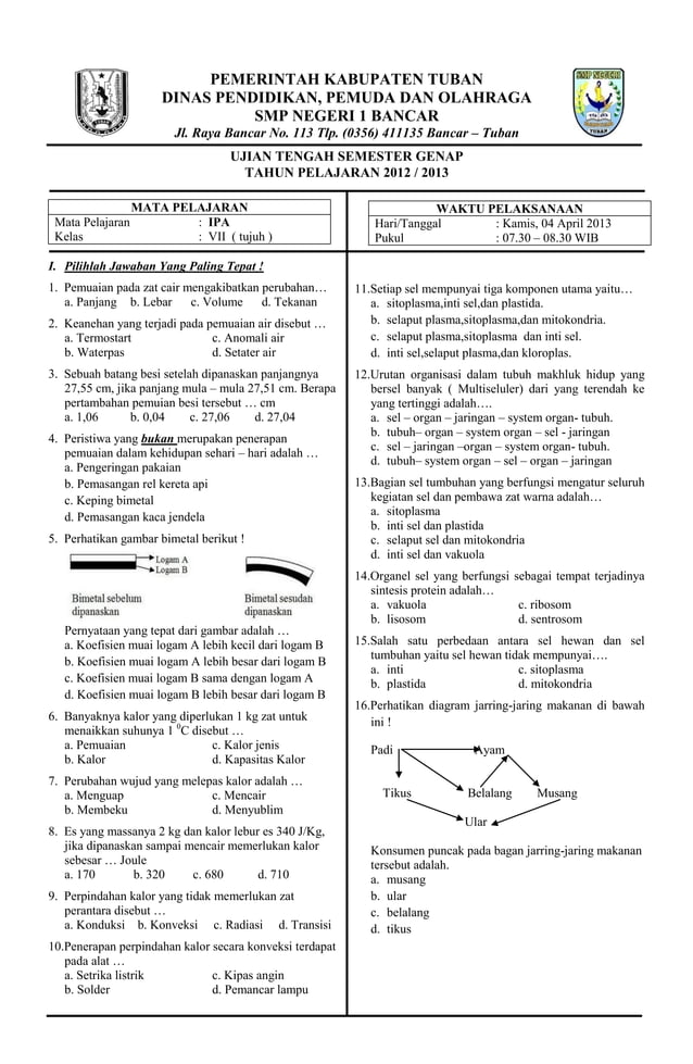 Soal Ulangan Tengah Semester (UTS) IPA SMP Kelas 7 Semester Genap | PDF