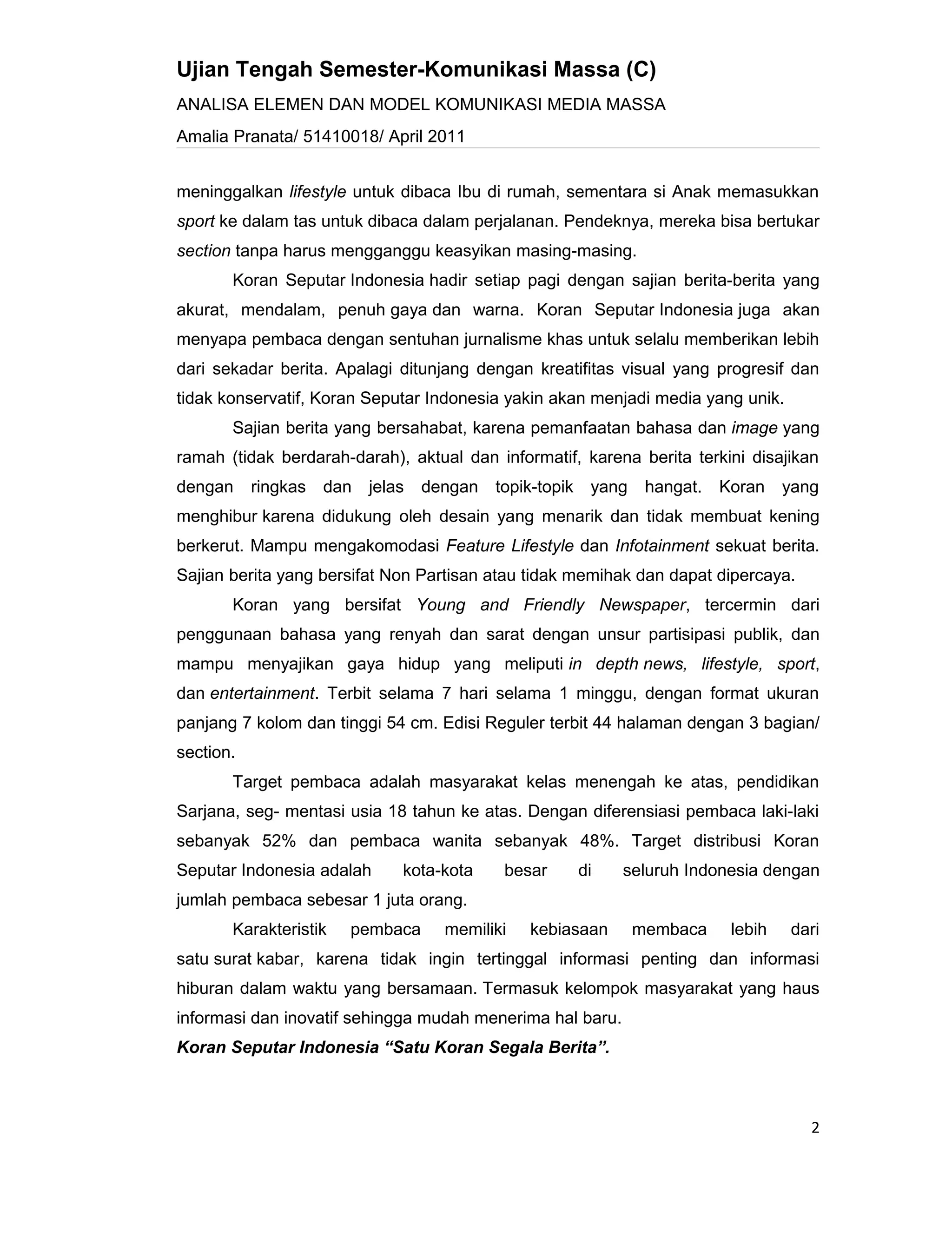Elemen dan Model Media Massa - Koran SINDO | DOC