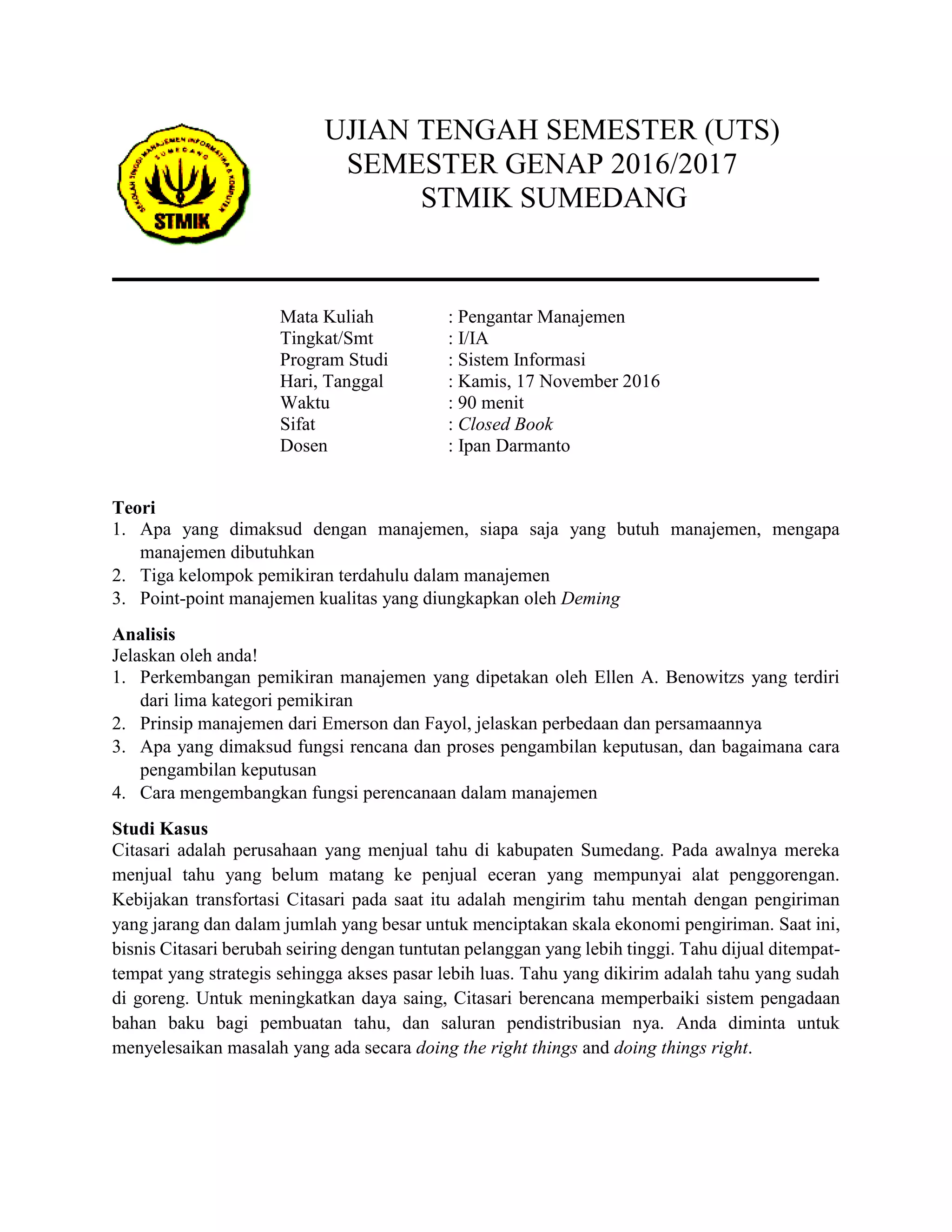UTS Pengantar Manajemen SIA | PDF