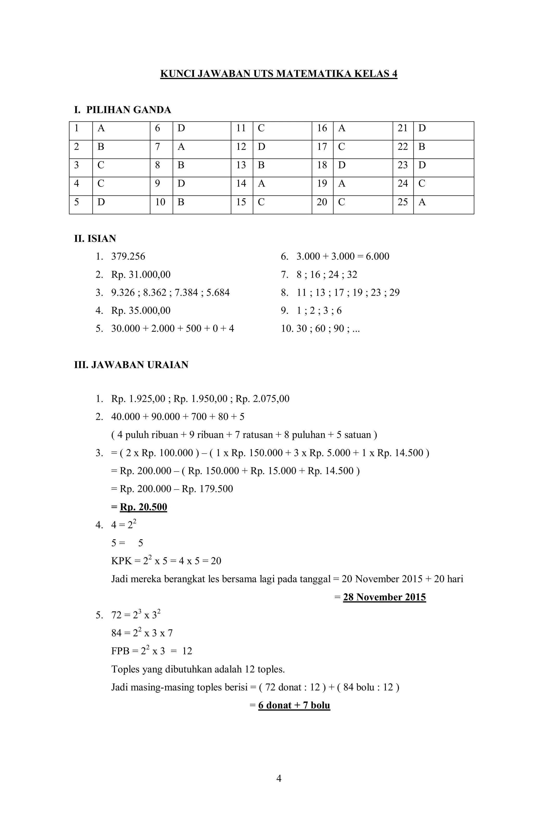 Uts semester 1 matematika kelas 4 tahun pelajaran 2015 2016 | PDF