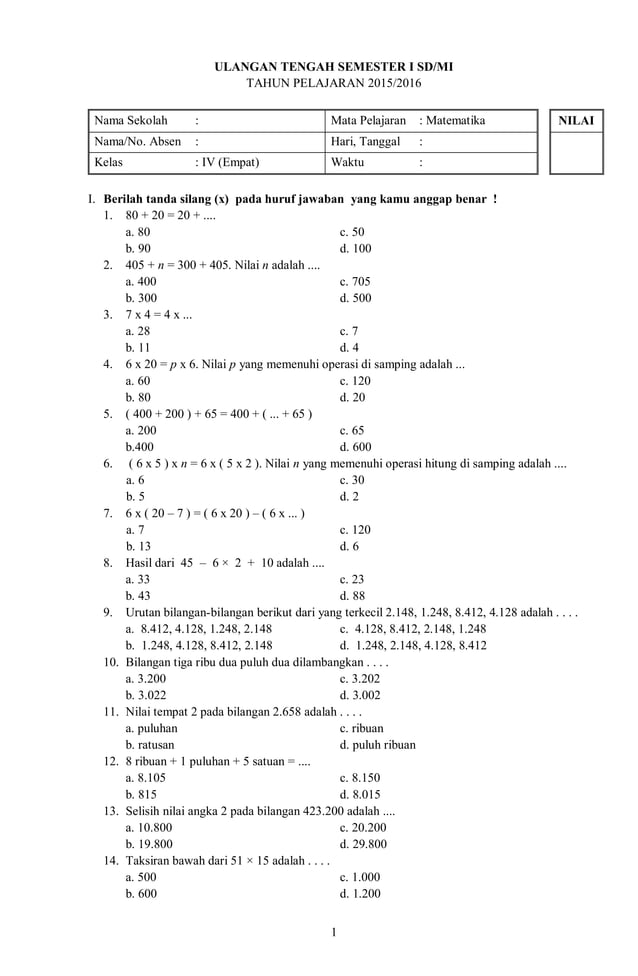 Uts semester 1 matematika kelas 4 tahun pelajaran 2015 2016 | PDF