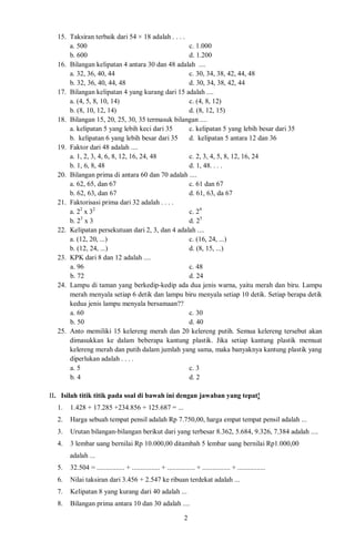 Uts semester 1 matematika kelas 4 tahun pelajaran 2015 2016 | PDF