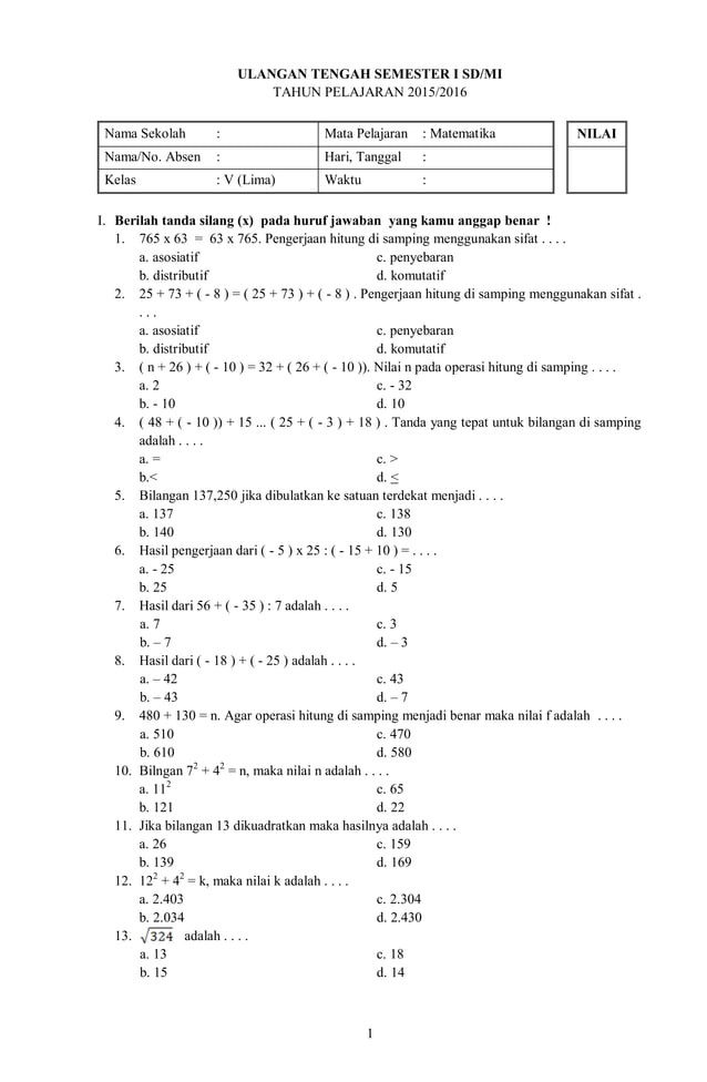 Uts semester 1 matematika kelas 5 tahun tahun pelajaran 2015/2016 | PDF