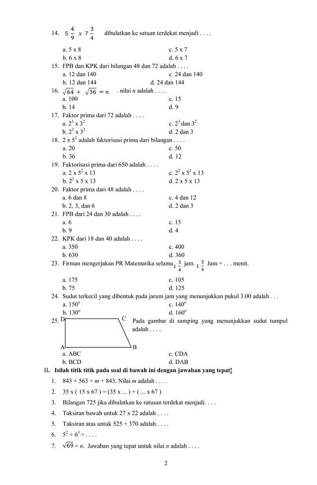Uts semester 1 matematika kelas 5 tahun tahun pelajaran 2015/2016 | PDF