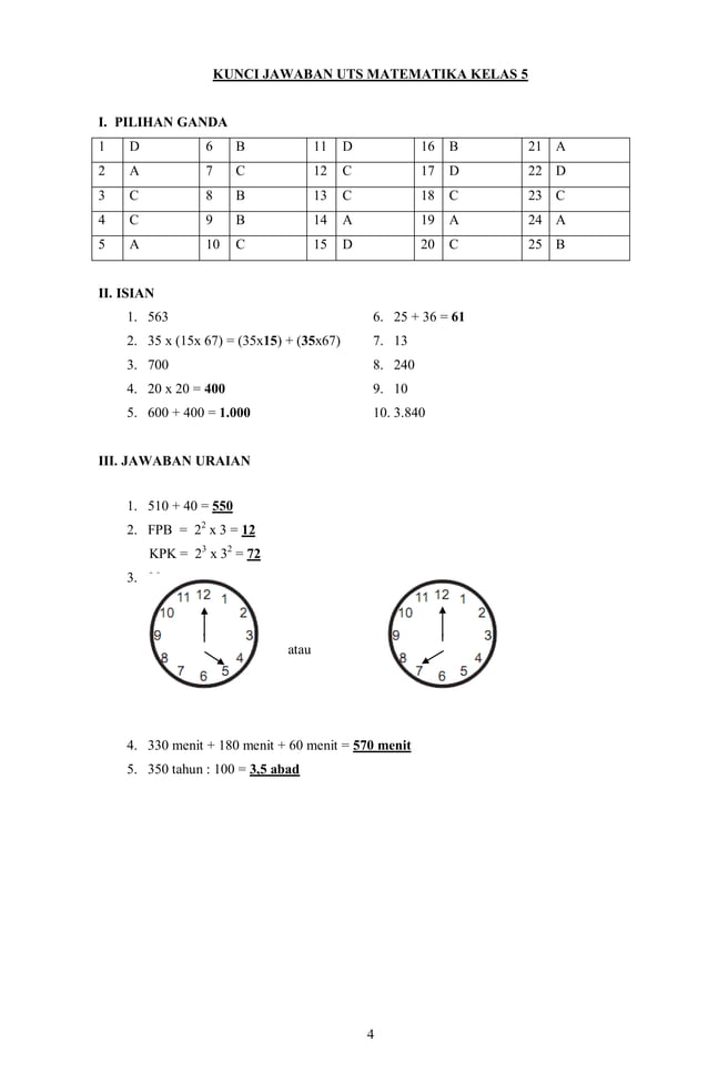 Uts semester 1 matematika kelas 5 tahun tahun pelajaran 2015/2016 | PDF