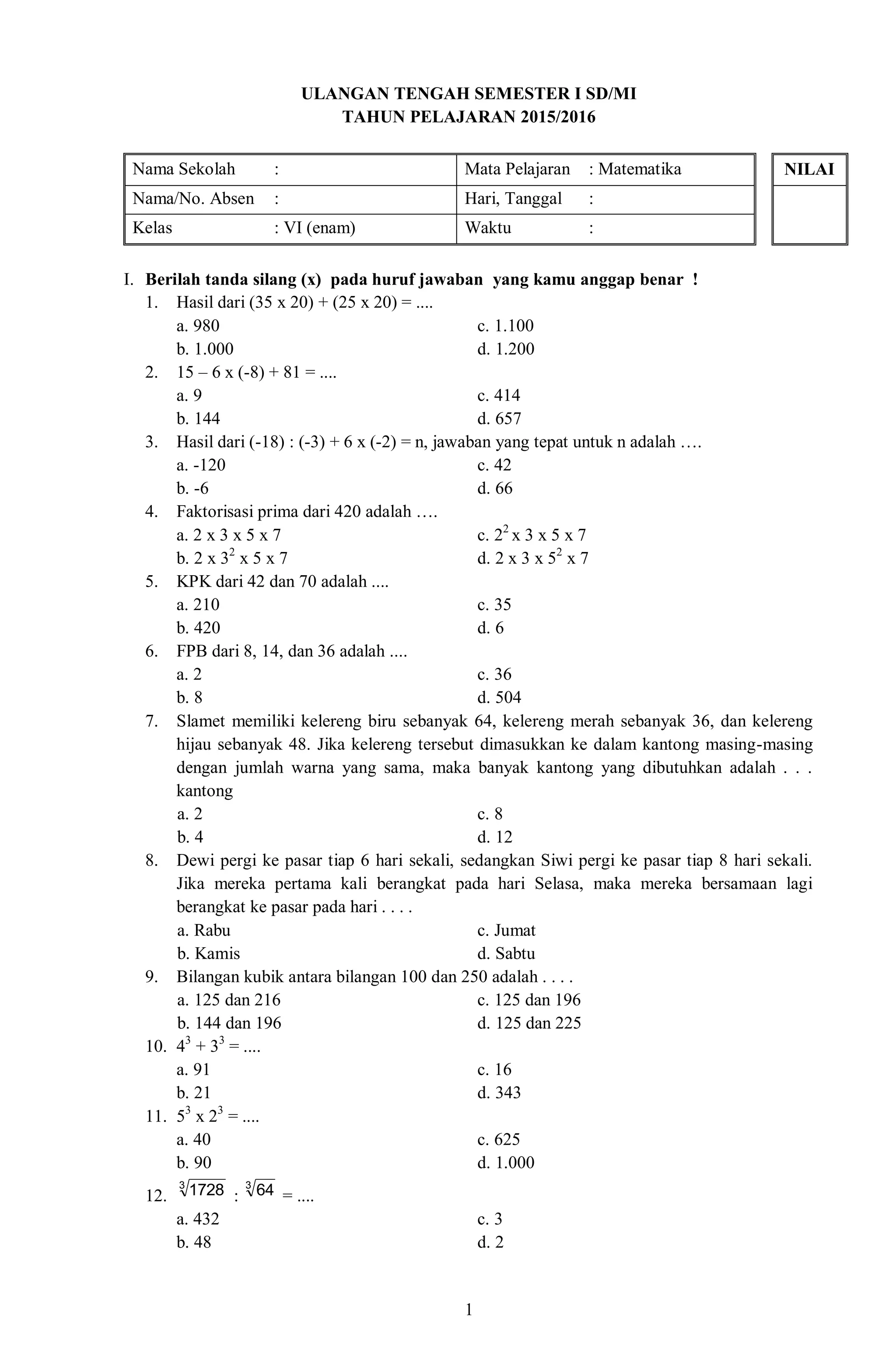 Uts semester 1 matematika kelas 6 tahun pelajaran 2015 2016 | PDF
