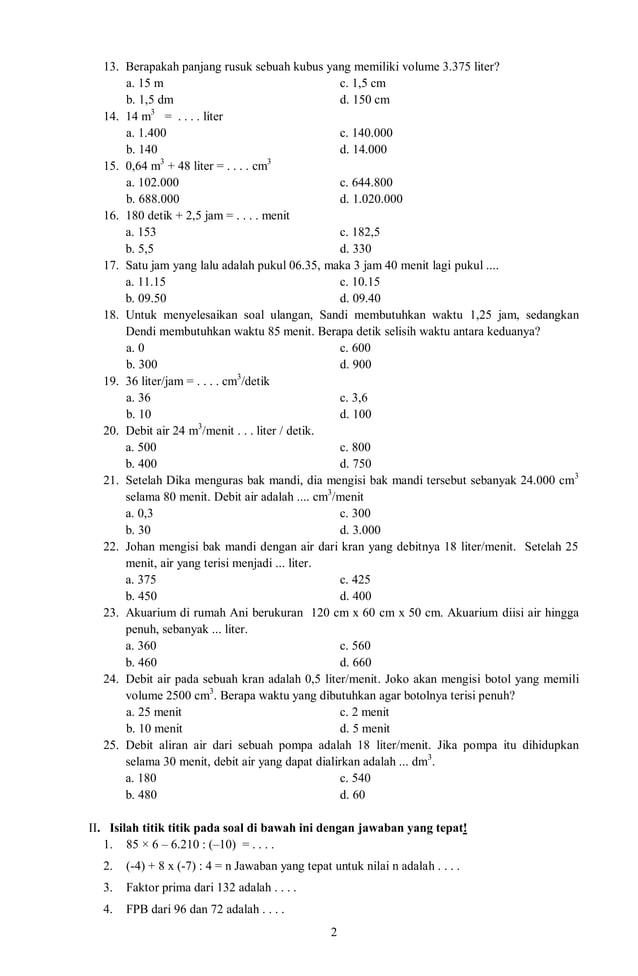 Uts semester 1 matematika kelas 6 tahun pelajaran 2015 2016 | PDF