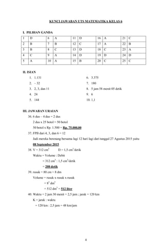 Uts semester 1 matematika kelas 6 tahun pelajaran 2015 2016 | PDF