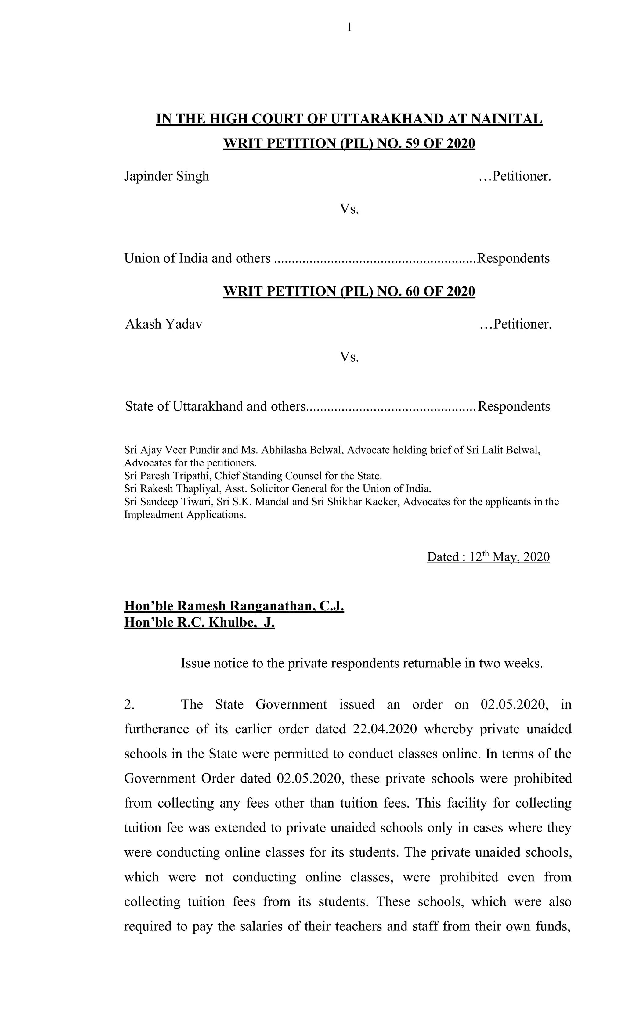 Uttarakhand hc order on school fee payment | PDF