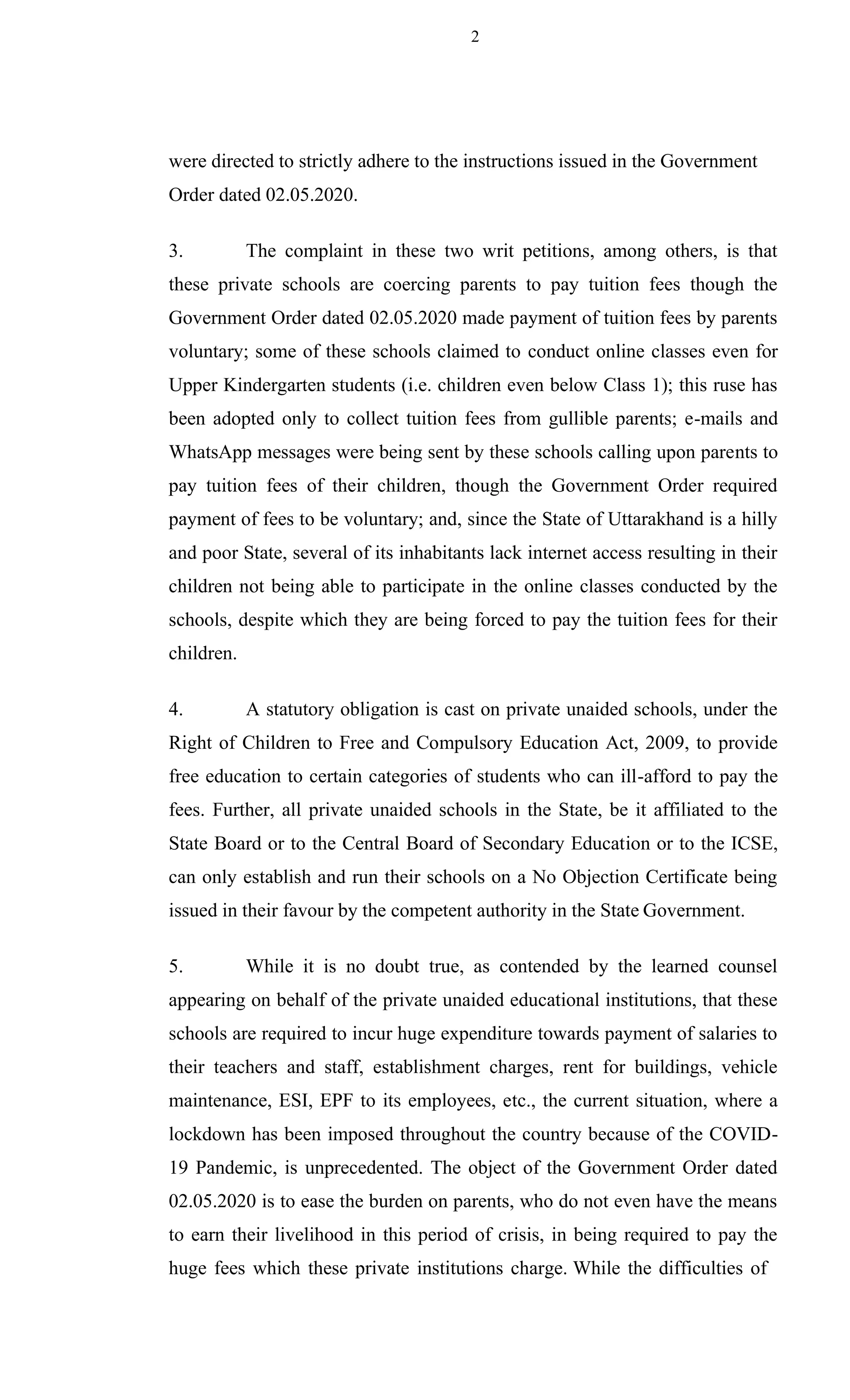 Uttarakhand hc order on school fee payment | PDF