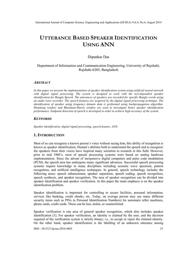 Utterance Based Speaker Identification Using ANN | PDF