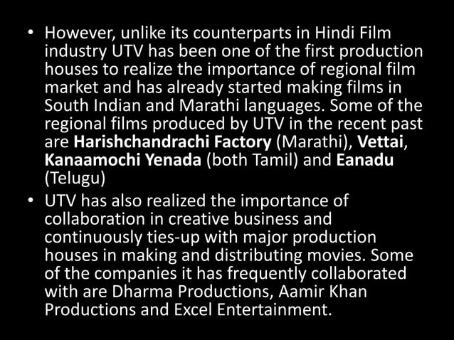 UTV motion pictures by | PPTX | Entertainment