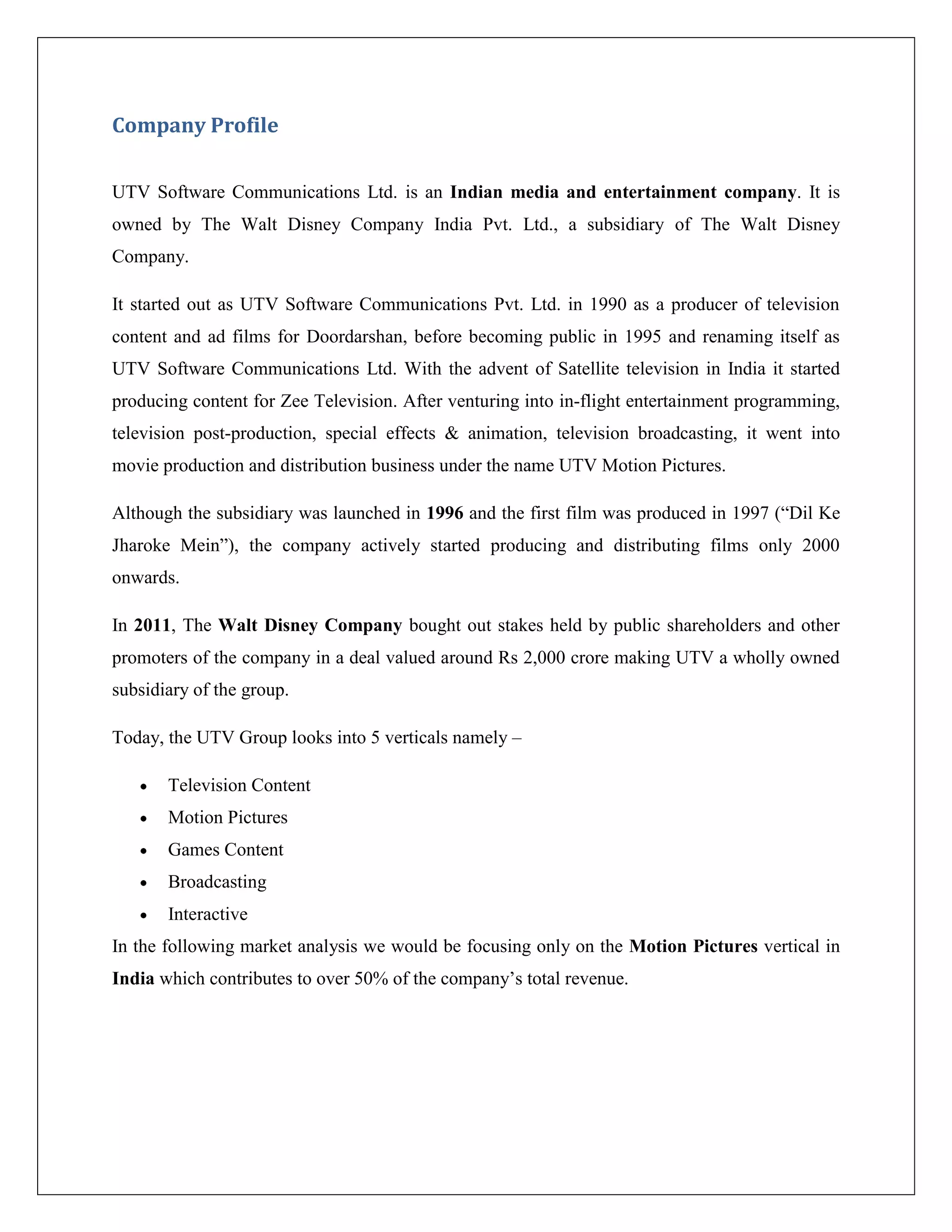 A Market Analysis of UTV Motion Pictures | DOCX