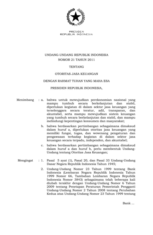 UU No 21 Tahun 2011 Tentang Otoritas Jasa Keuangan | PDF