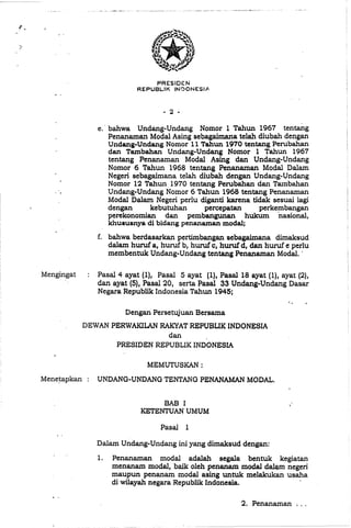 Uu 25 tahun 2007 tentang penanaman modal | PDF