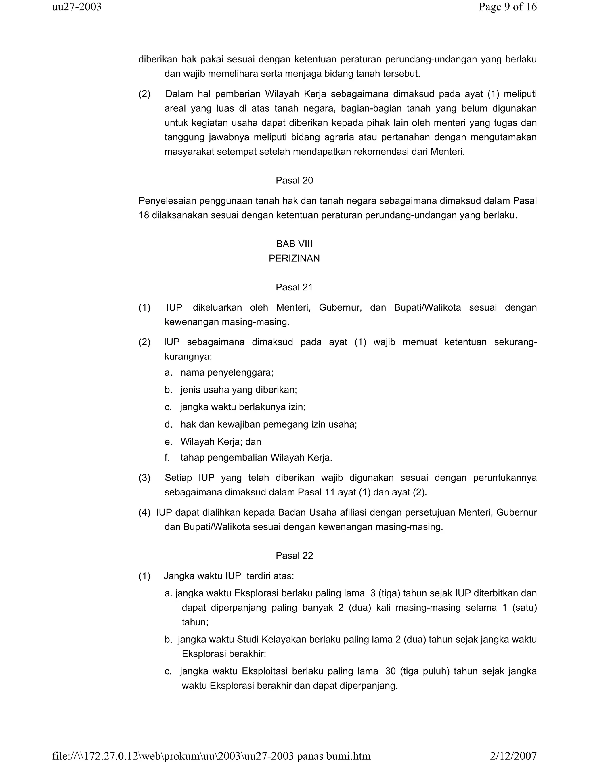 Uu 27 tahun 2003 tentang panas bumi | PDF