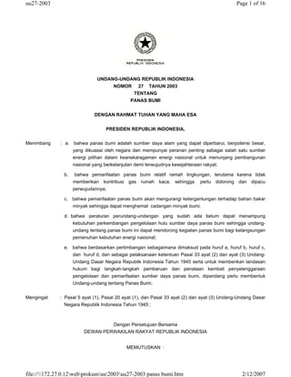 Uu 27 tahun 2003 tentang panas bumi | PDF