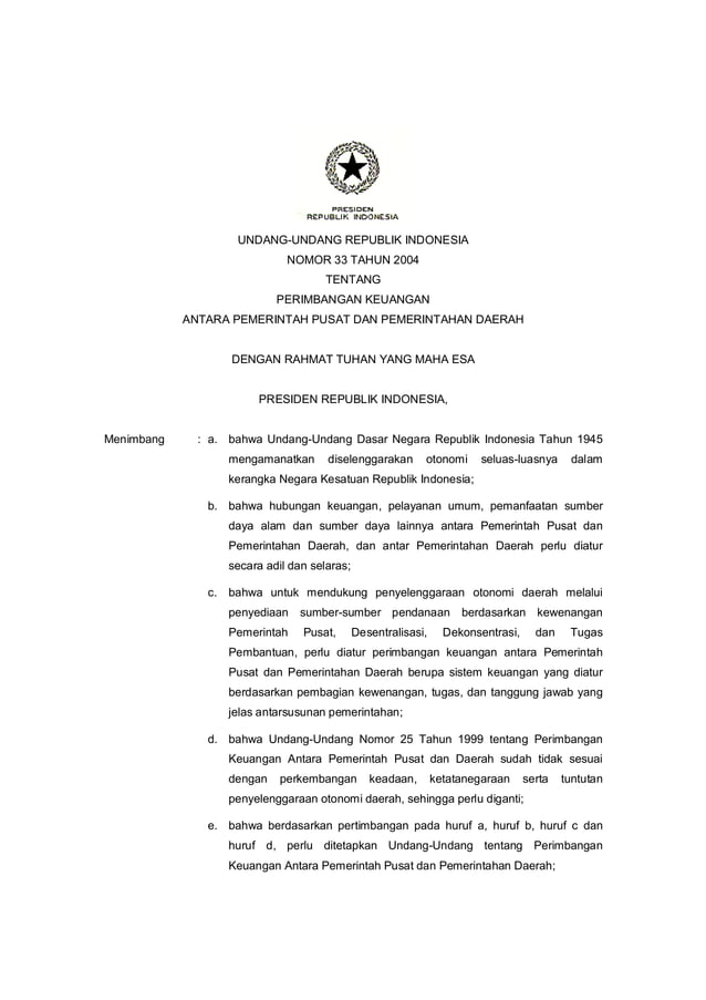 Undang-Undang No. 33 Tahun 2004 tentang Perimbangan Keuangan Antara Pusat Dan Pemerintah Daerah ...