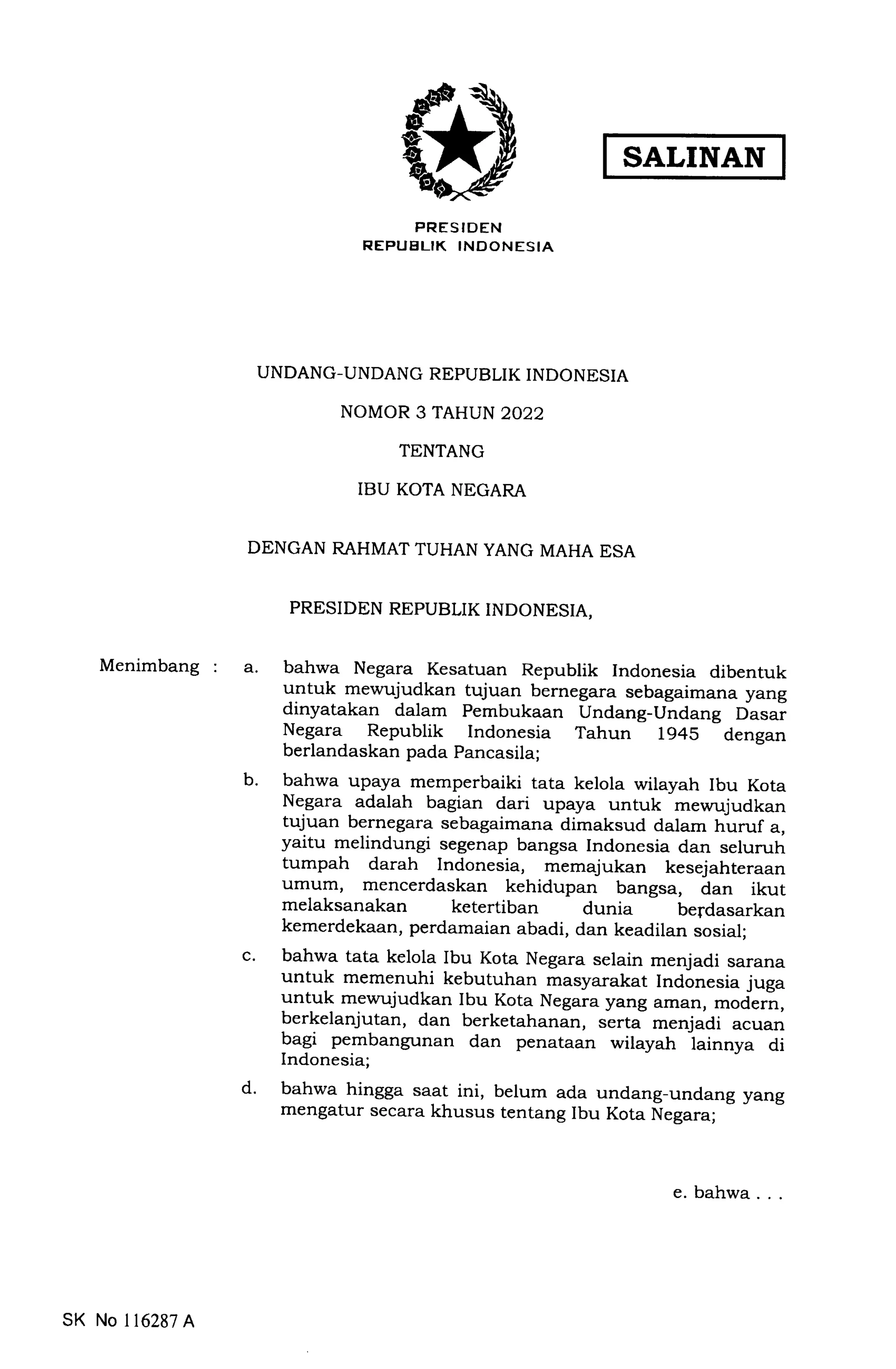 Undang-undang Nomor 3 Tahun 2022 tentang IKN | PDF