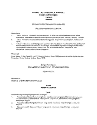 UU 16 tahun 2001 dengan Sisipan UU 28 2004 ttg Yayasan | PDF