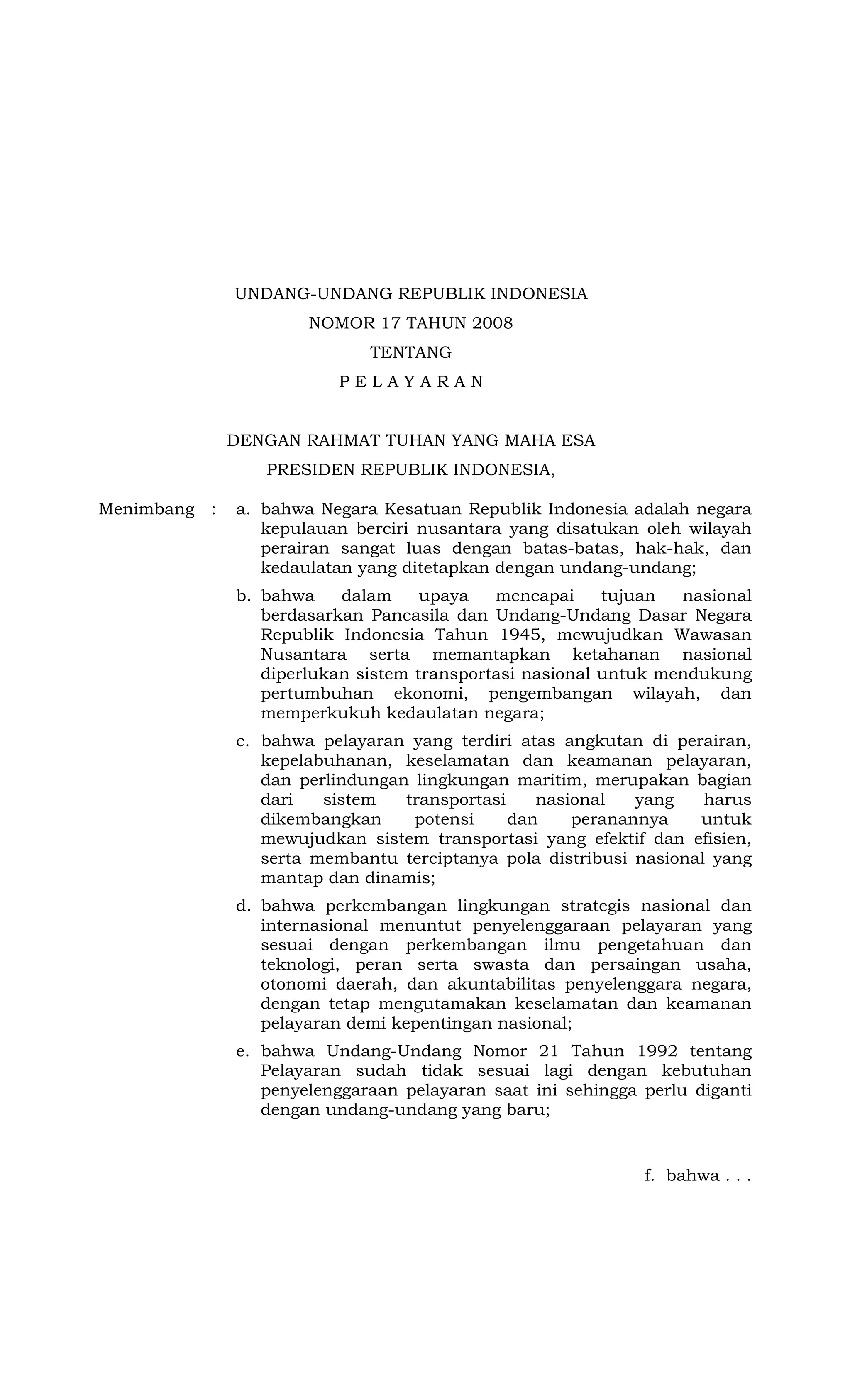 Undang-undang No. 17 Tahun 2008 tentang Pelayaran | PDF