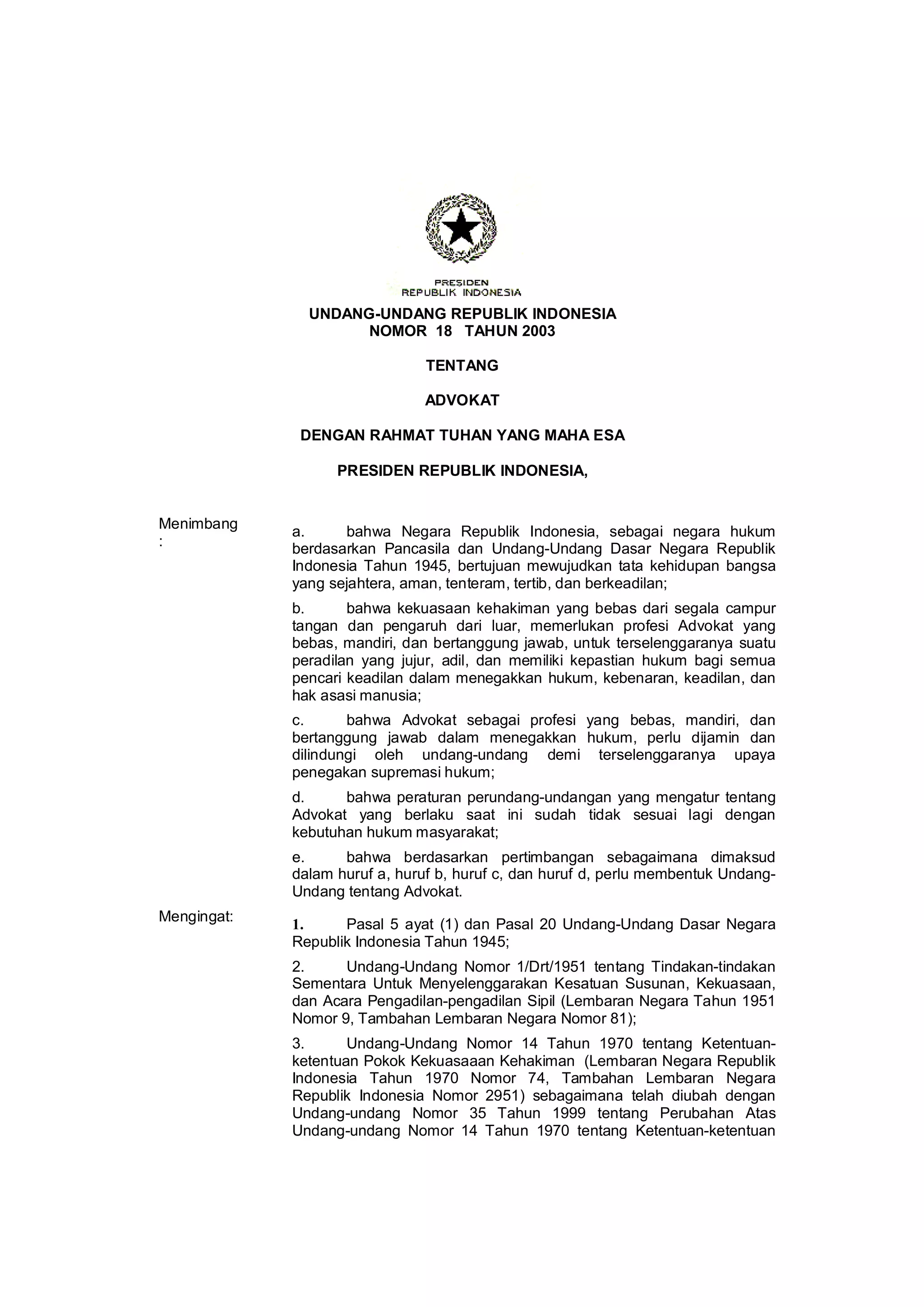 Undang-undang nomor 18 tahun 2003 tentang advokat | PDF
