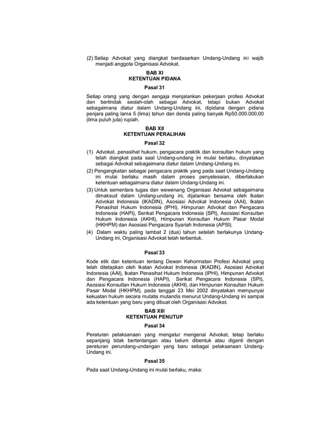 Undang-undang nomor 18 tahun 2003 tentang advokat | PDF