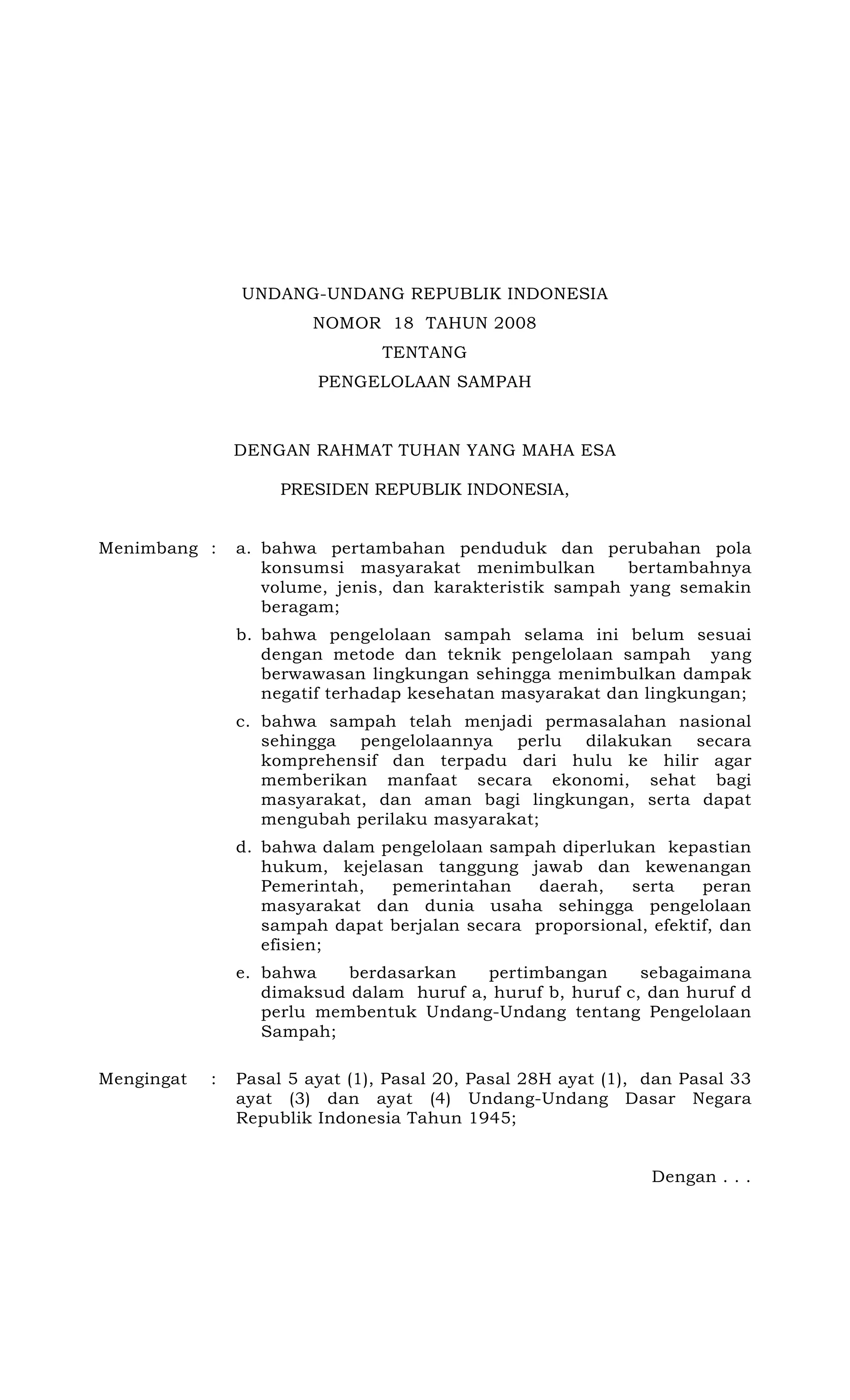 Undang-undang No. 18 Tahun 2008 tentang Pengelolaan Sampah. | PDF