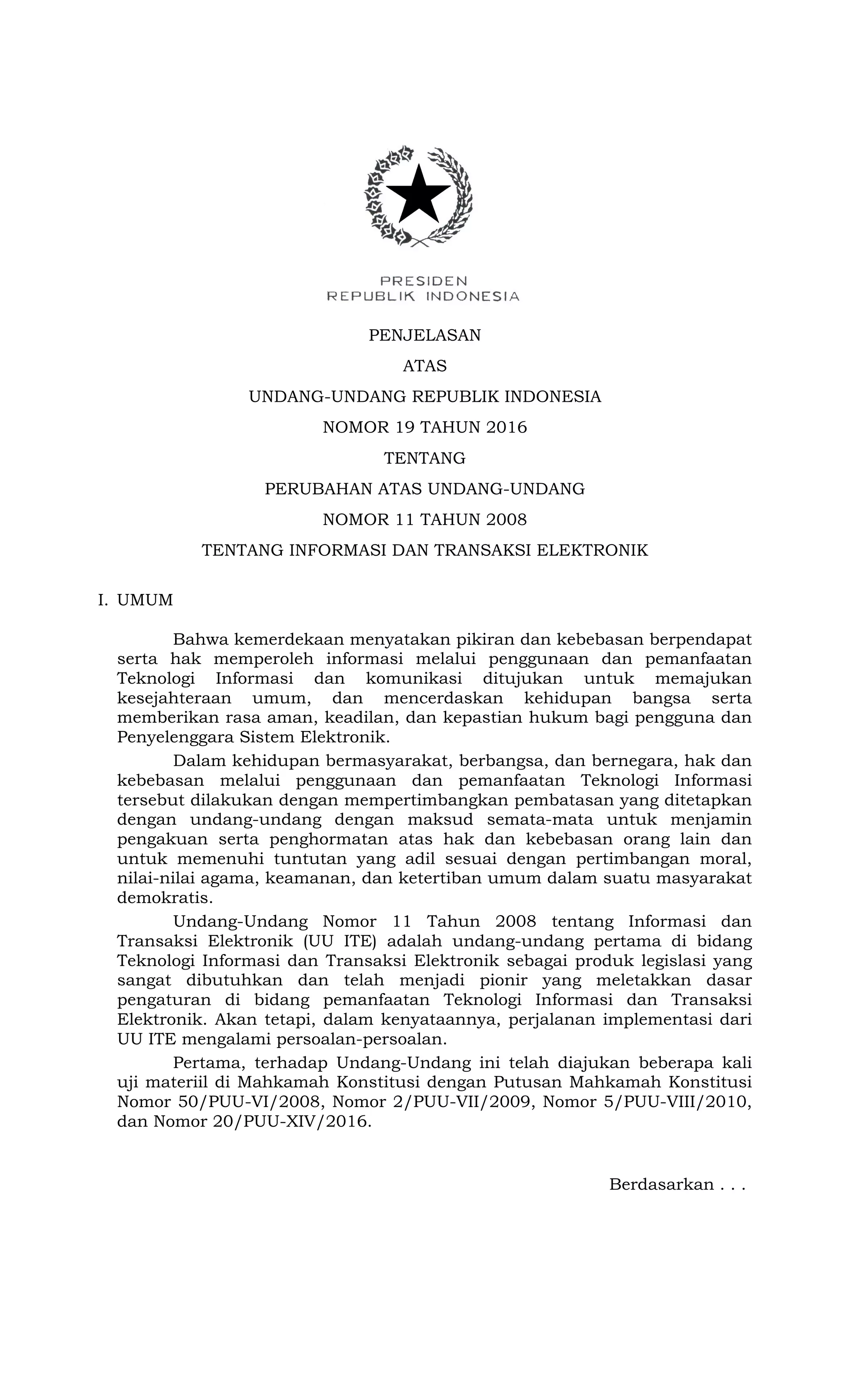 UU 19 tahun 2016 tentang informasi dan transaksi elektronik ITE | PDF