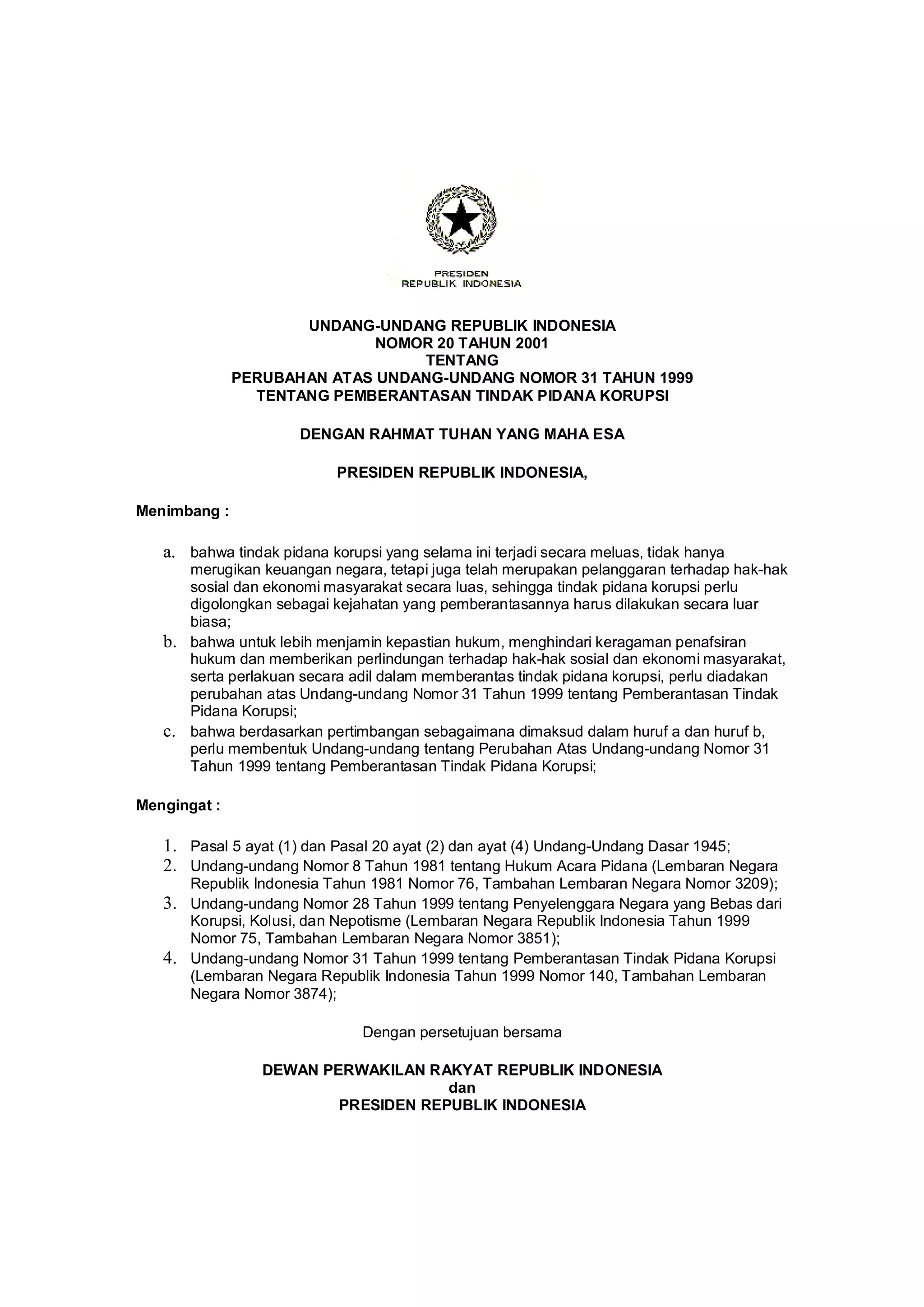 Uu 2001 nomor 20 perubahan atas undang undang nomor 31 tahun 1999 ...