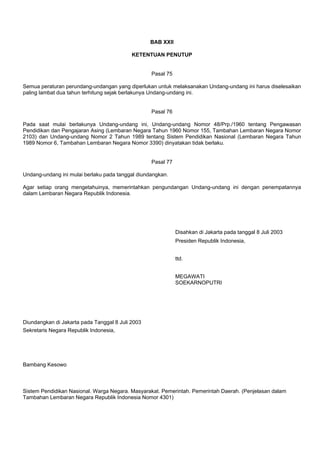 Uu 2003 nomor 20 sistem pendidikan nasional | PDF