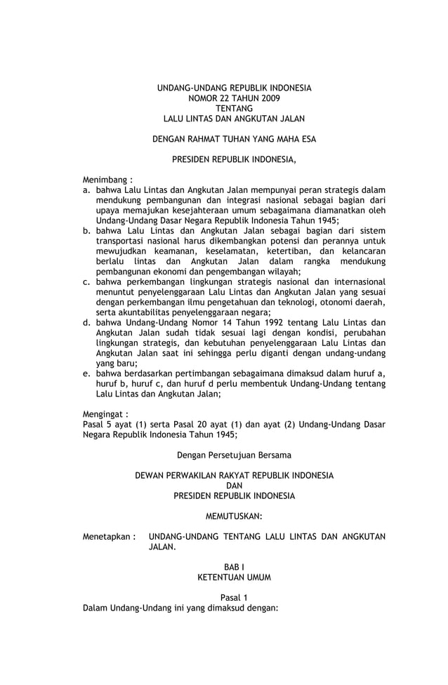 UU No 22 tahun 2009 tentang Lalu Lintas dan Angkutan Jalan | PDF