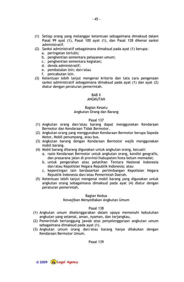 UU No 22 tahun 2009 tentang Lalu Lintas dan Angkutan Jalan | PDF