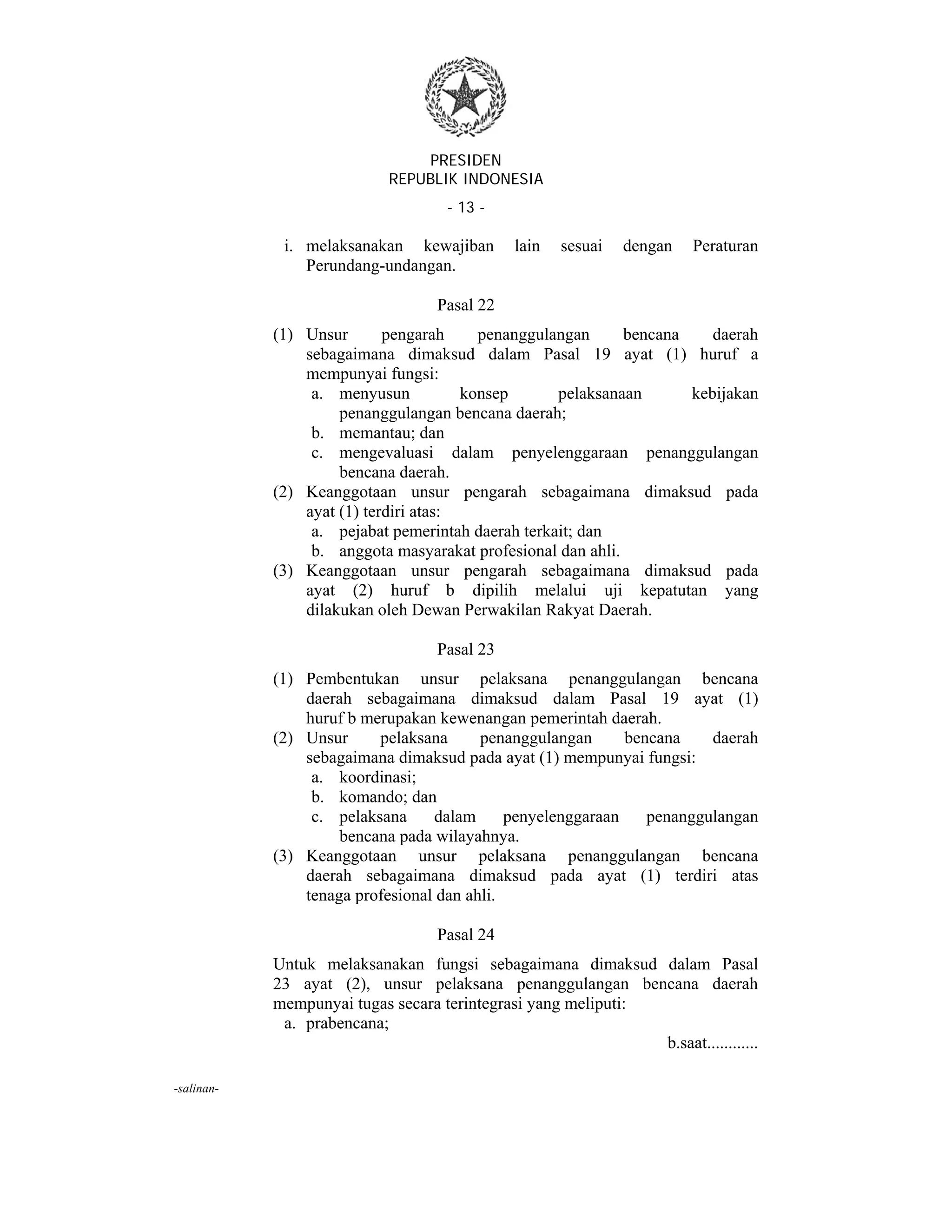 Undang-undang No. 24 Tahun 2007 tentang Penanggulangan Bencana | PDF