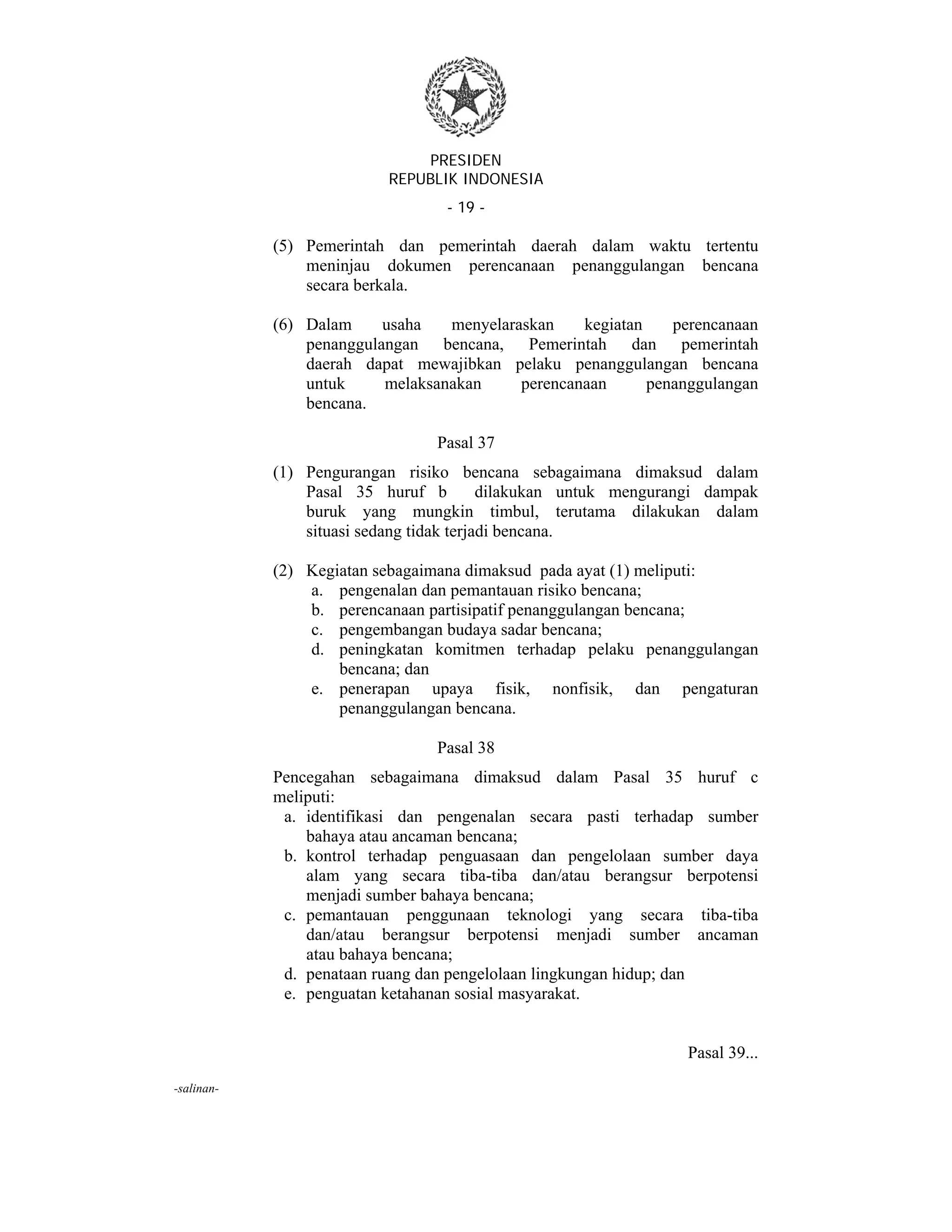 Undang-undang No. 24 Tahun 2007 tentang Penanggulangan Bencana | PDF