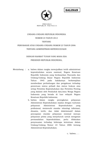 UU Nomor 24 Tahun 2013 | PDF