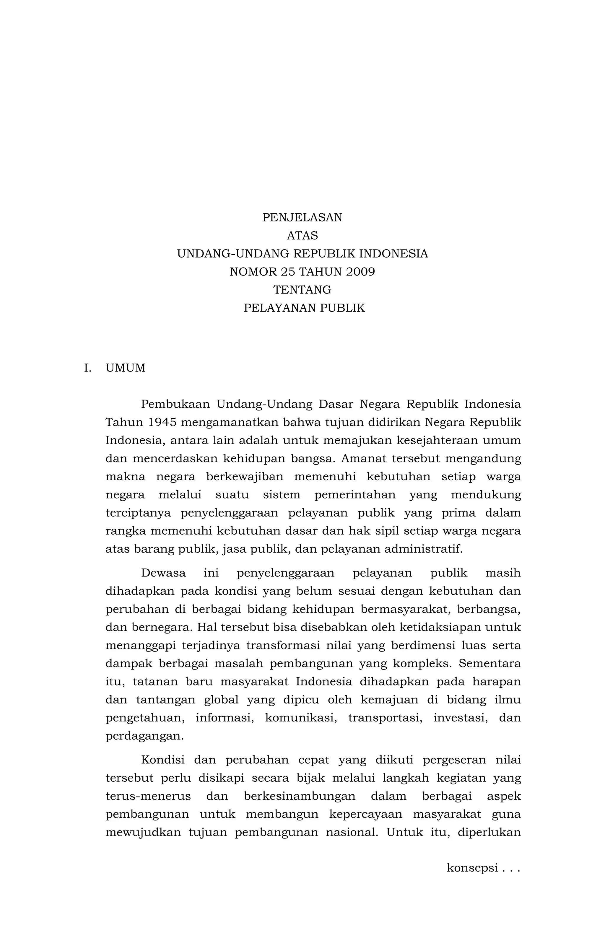 Undang-undang No. 25 Tahun 2009 tentang Pelayanan Publik | PDF