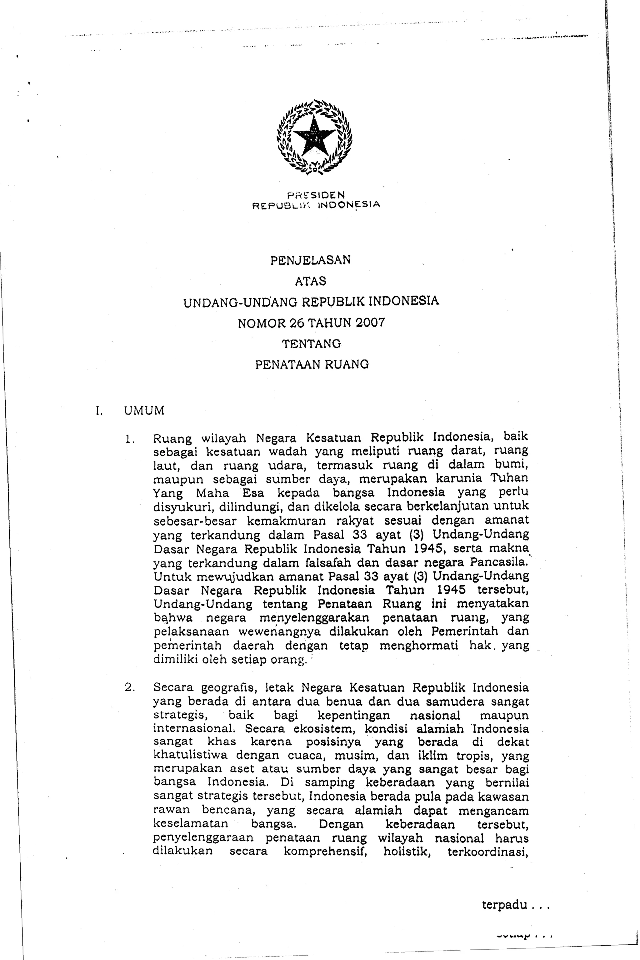 Uu 26 tahun 2007 penataan ruang | PDF