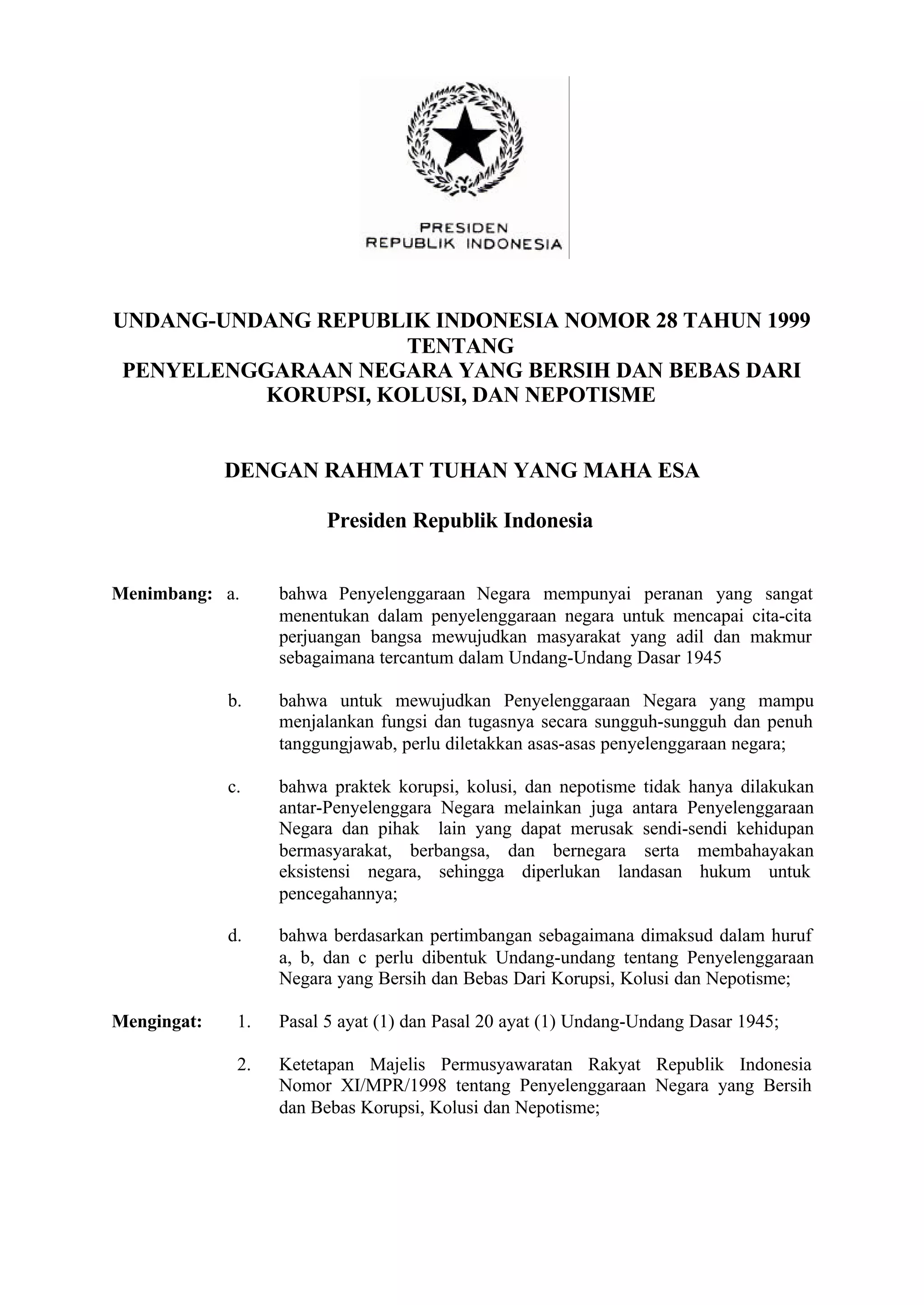 UU No.28 th 1999 Bersih dan bebas dari KKN | PDF