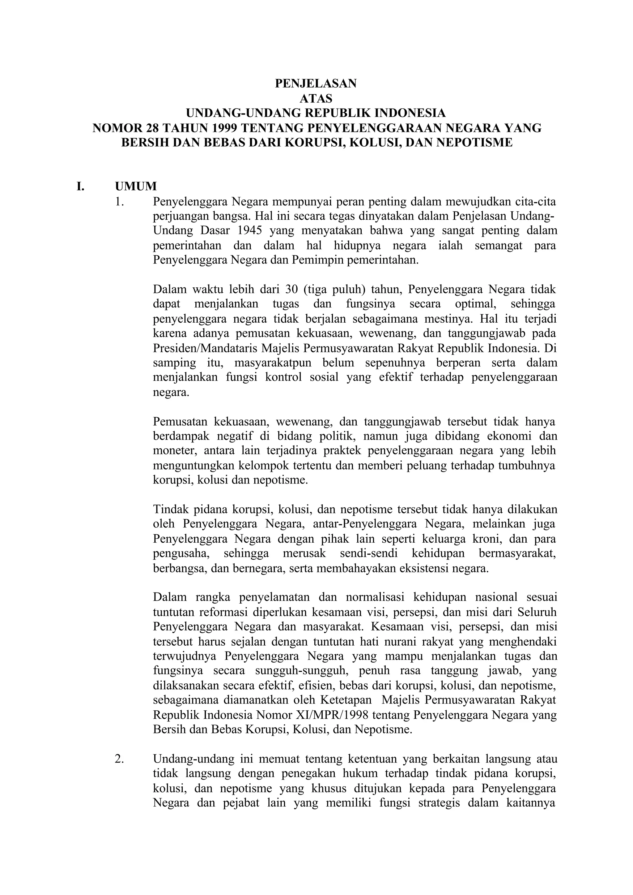 UU No.28 th 1999 Bersih dan bebas dari KKN | PDF