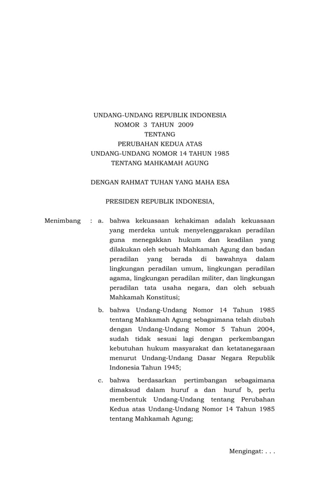 UU No 3 Tahun 2009 (Perubahan Kedua Atas Undang Undang Nomor 14 Tahun 1985 Tentang Mahkamah ...