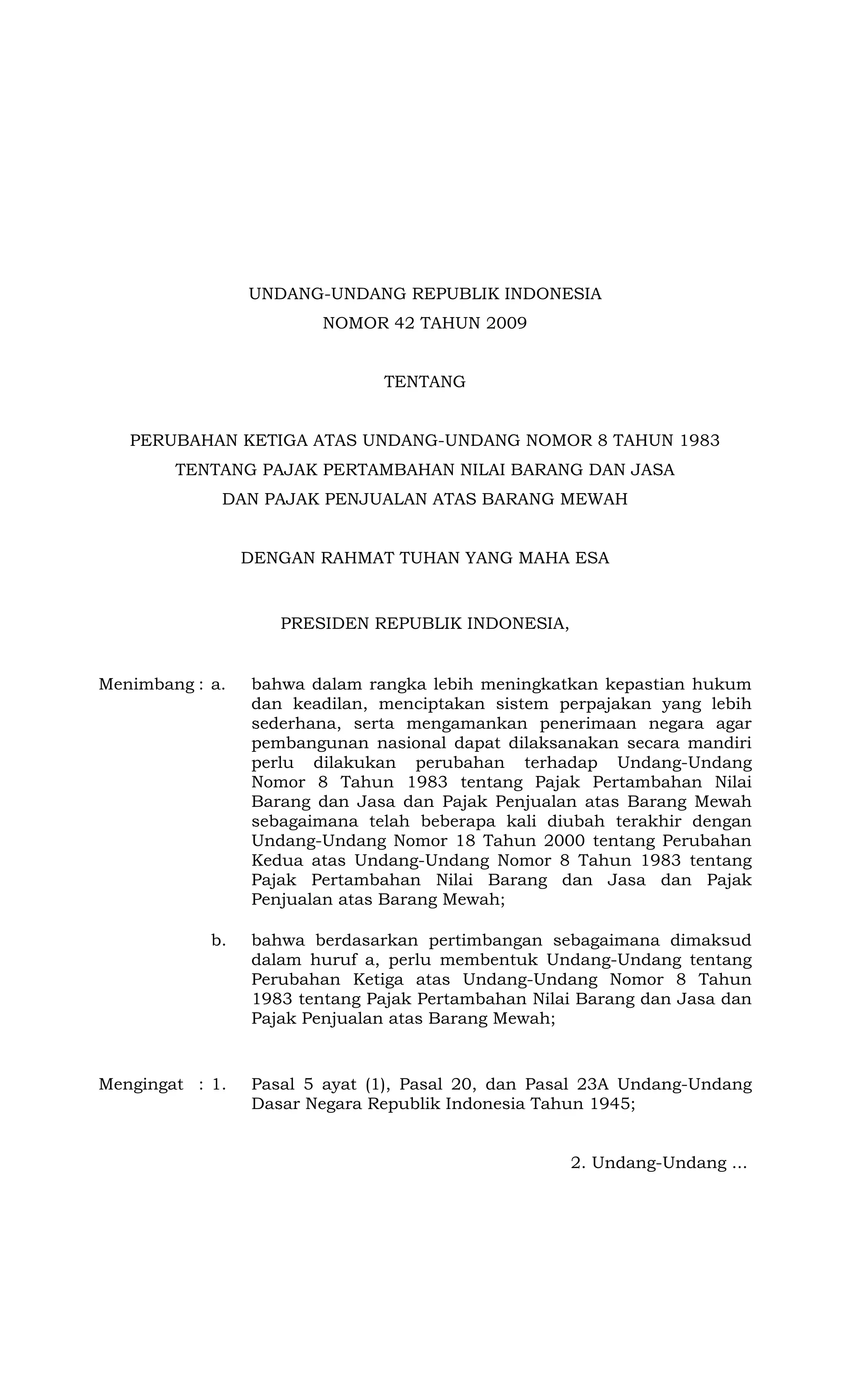 UU Nomor 42 Tahun 2009 | PDF
