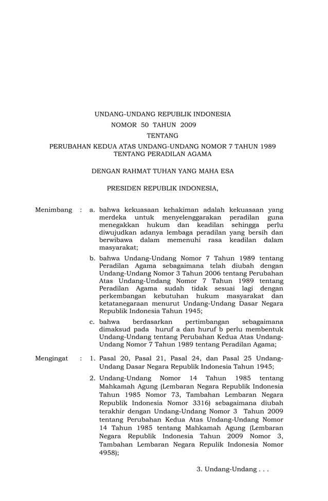 UU No 50 Tahun 2009 (Perubahan Kedua Atas Undang Undang Nomor 7 Tahun 1989 Tentang Peradilan ...