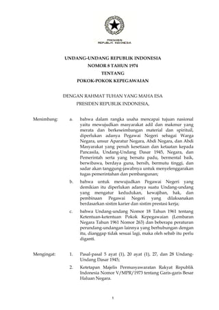 UU No 8 ttg pokok pokok kepegawaian | PDF