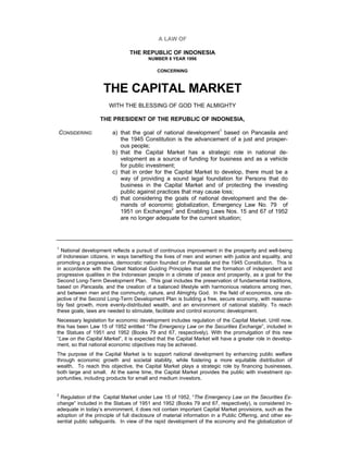 Indonesian Capital Market Act/UU No.8 Tahun 1995 tentang Pasar Modal ...