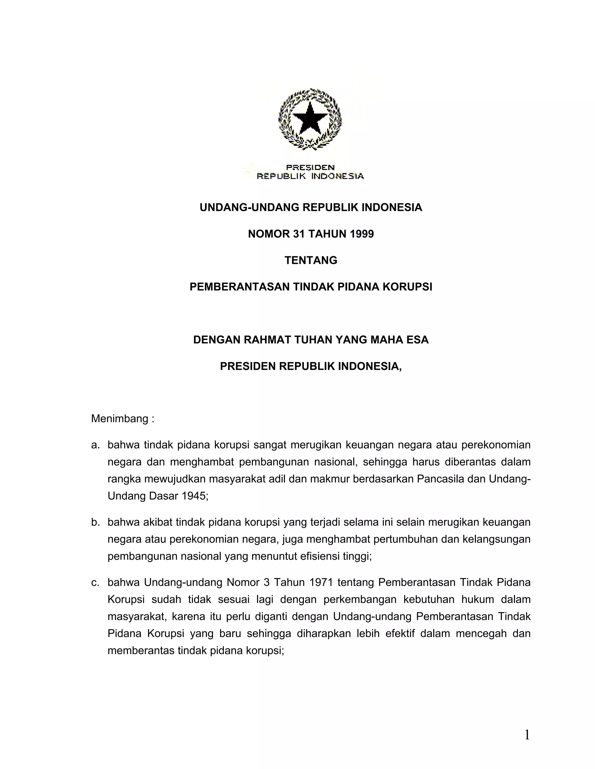 Uu no. 31 th. 1999 (pemberantas korupsi) | PDF