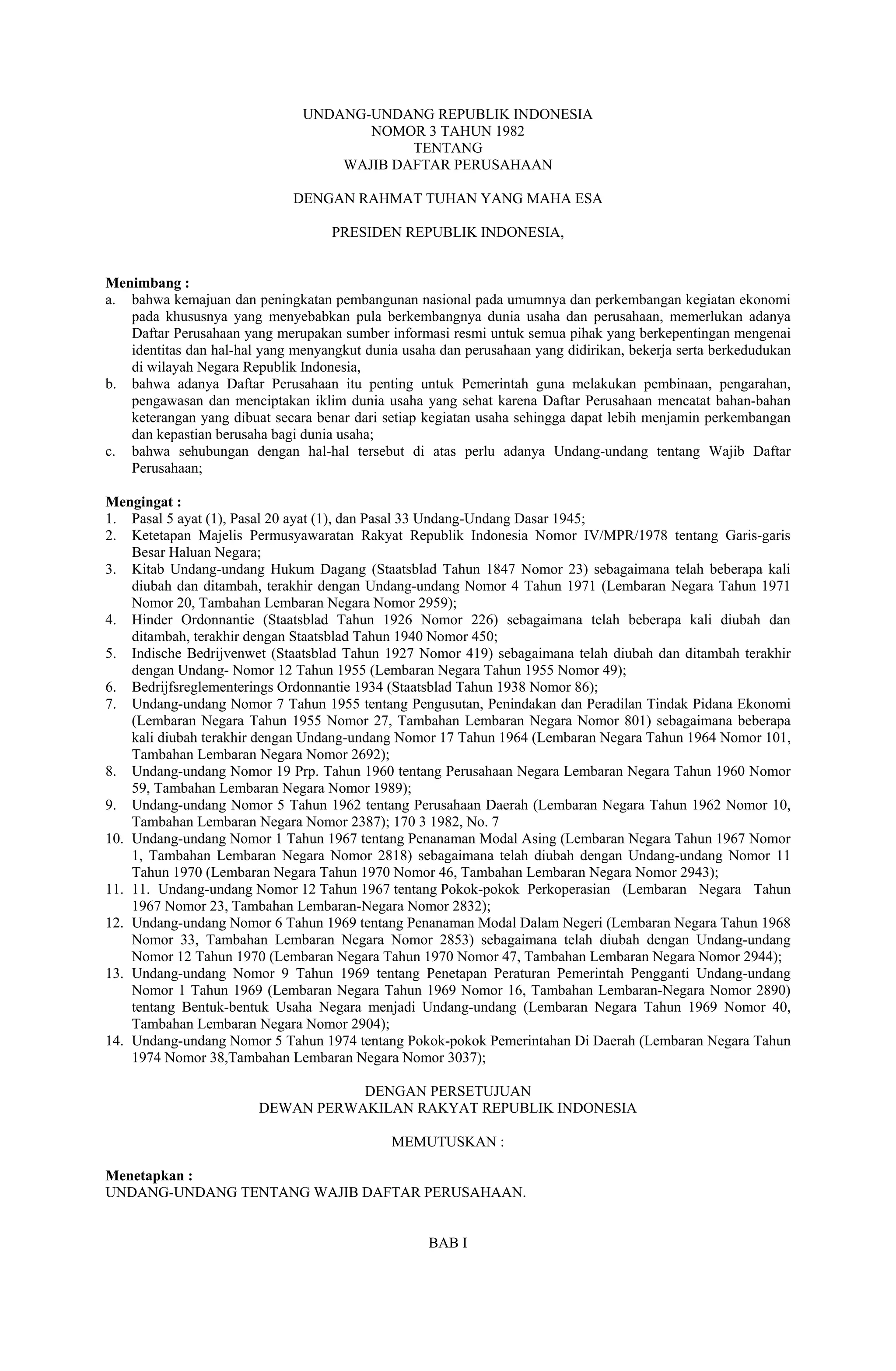 Uu no. 3 tahun 1982 tentang wajib daftar perusahaan | PDF