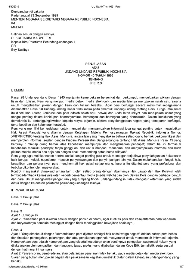 Undang-undang Nomor 40 Tahun 1999 tentang Pers | PDF