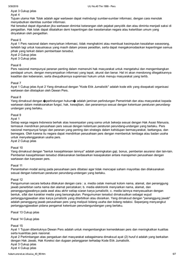Undang-undang Nomor 40 Tahun 1999 tentang Pers | PDF