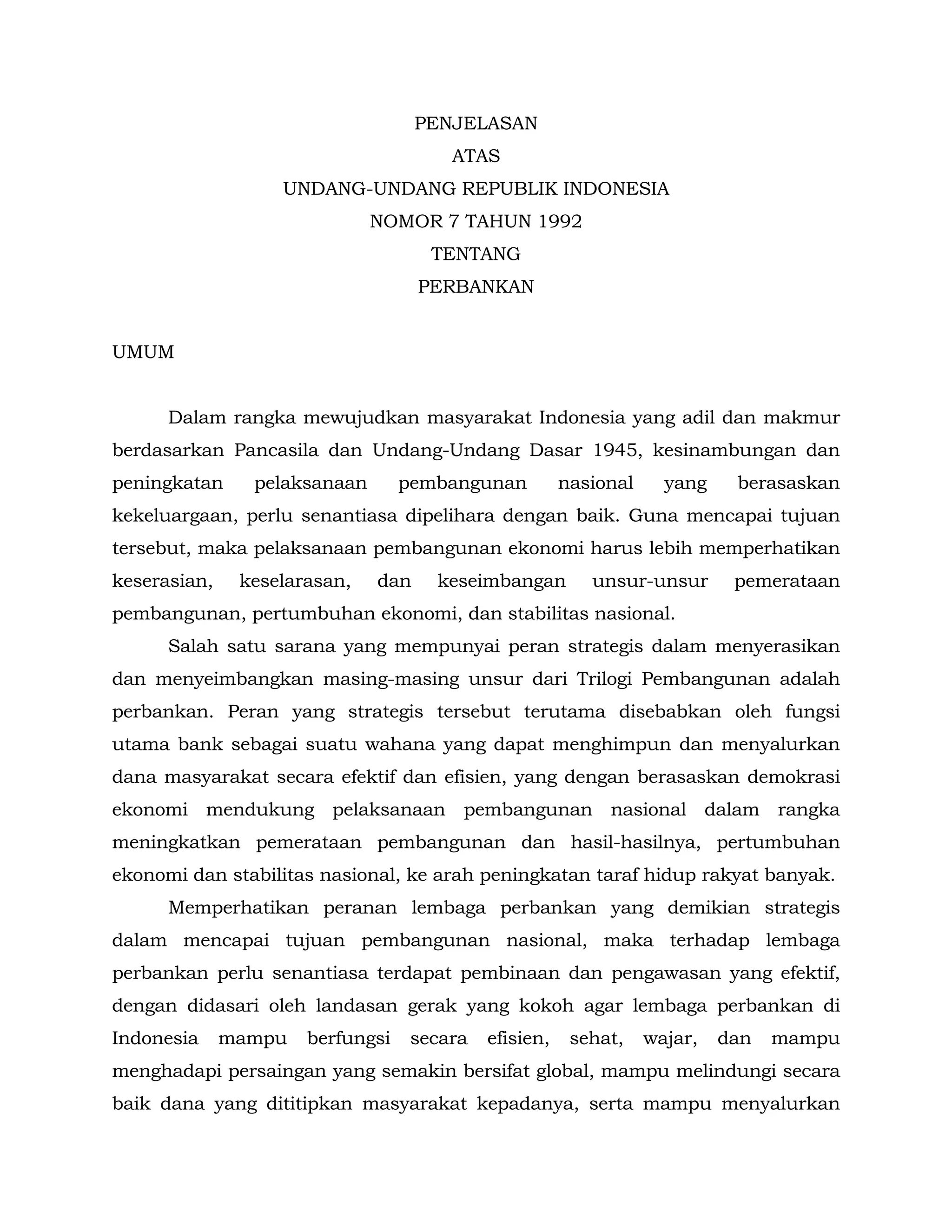 Uu no. 7 tahun 1992 tentang perbankan | PDF